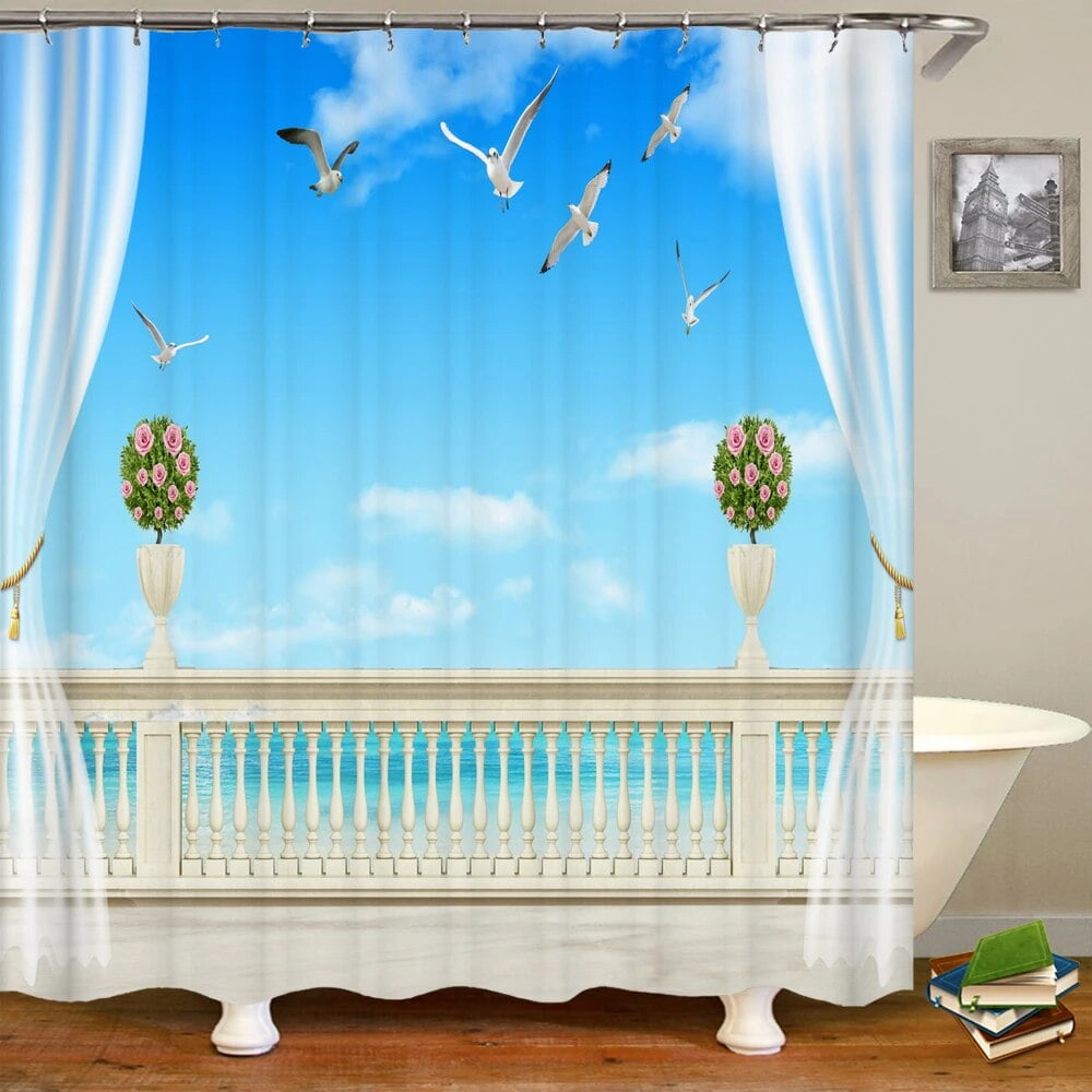 3d Window Opening Scenery Beach Landscape Printing Shower Curtain