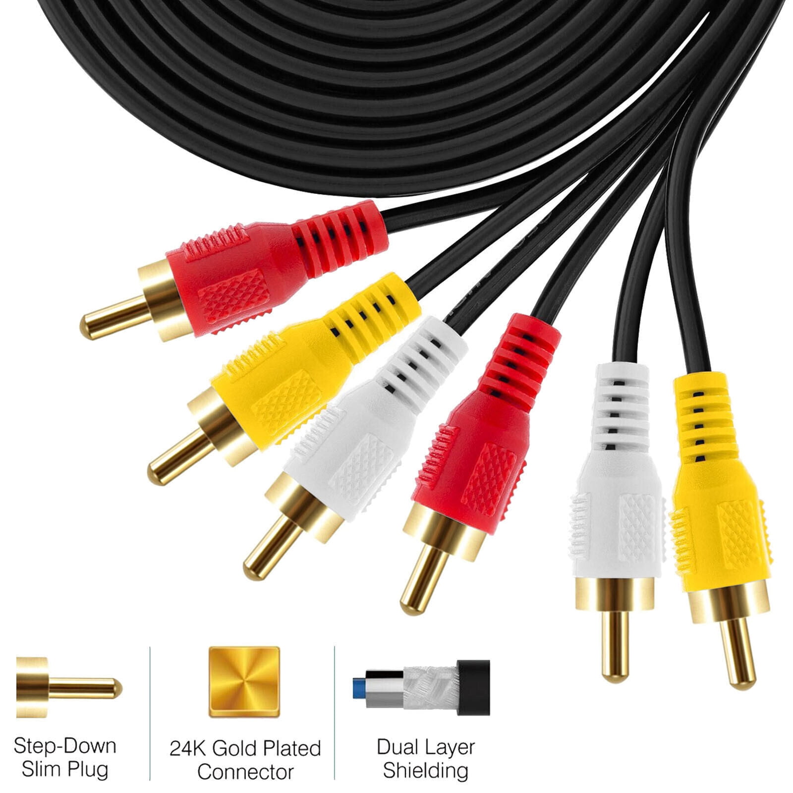3FT 10FT 15FT 30FT 3 RCA Male to 3 RCA Male Composite Audio Video Cable ...