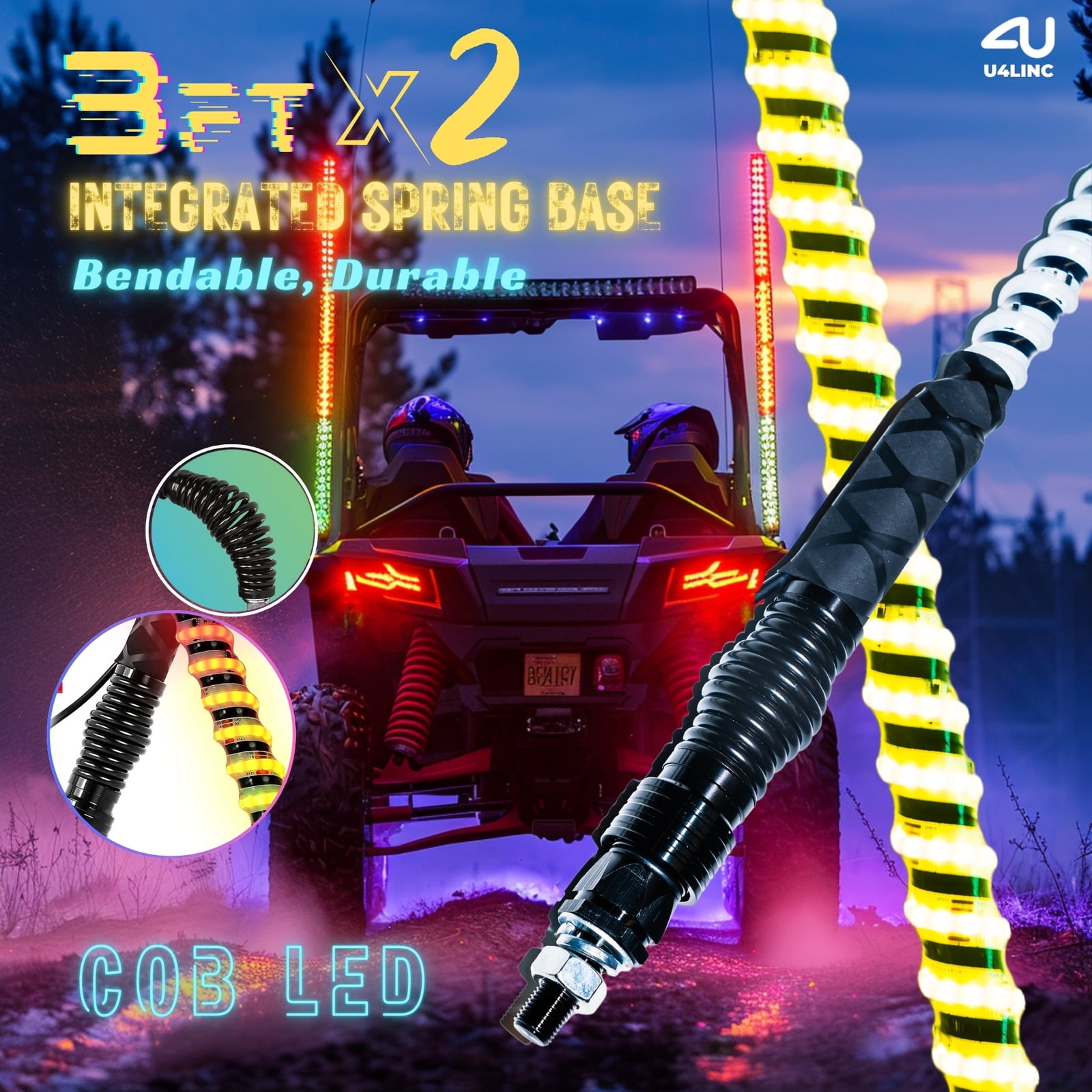3FT 2 RGB COB LED Whip Lights Antenna Chase APP & Remote - ATV UTV SXS ...