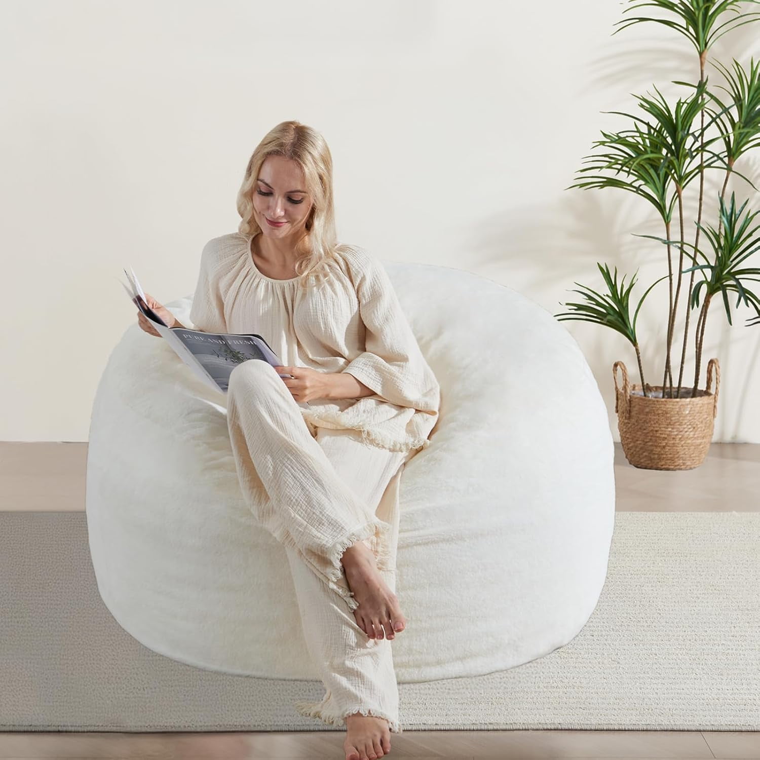3FT Bean Bag Chair with Removable Cover, Memory Foam Filling, Cream ...