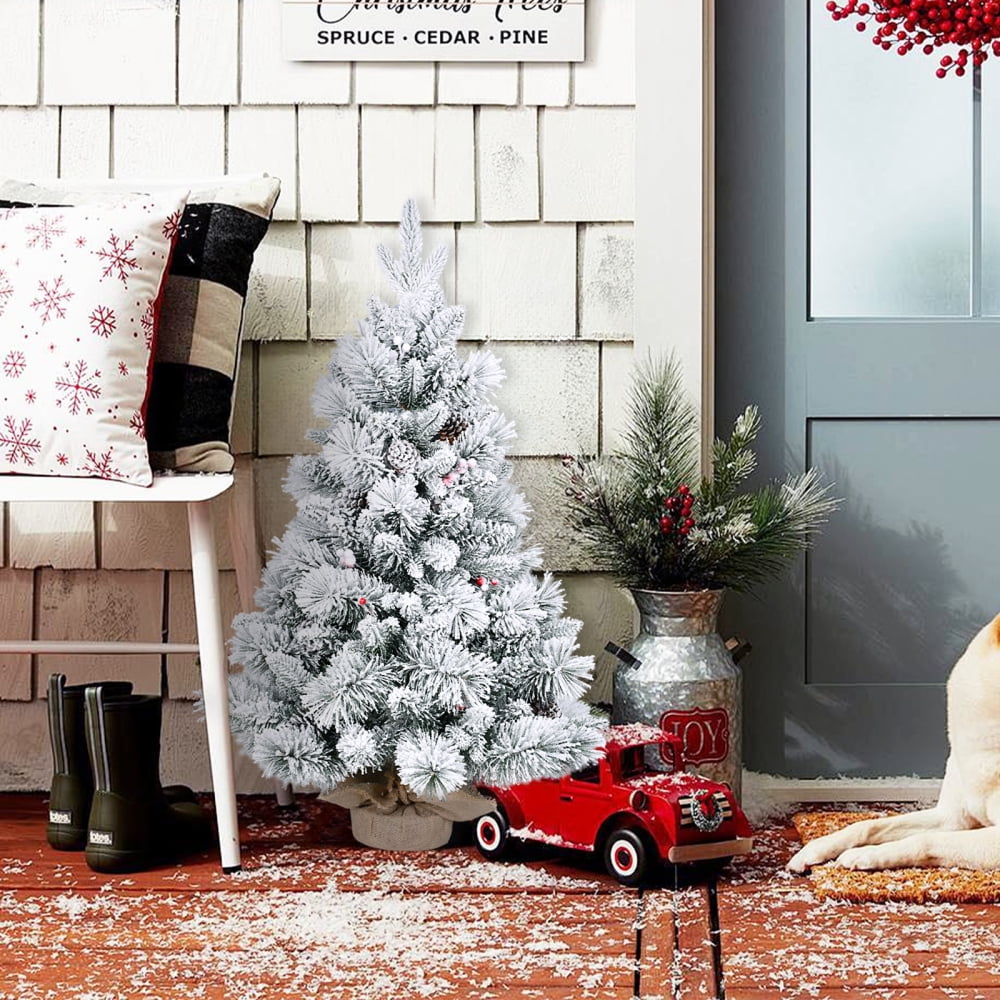 3FT Flocked Christmas Tree with PE/PVC & Pine Needle Branches, 170 Tips ...