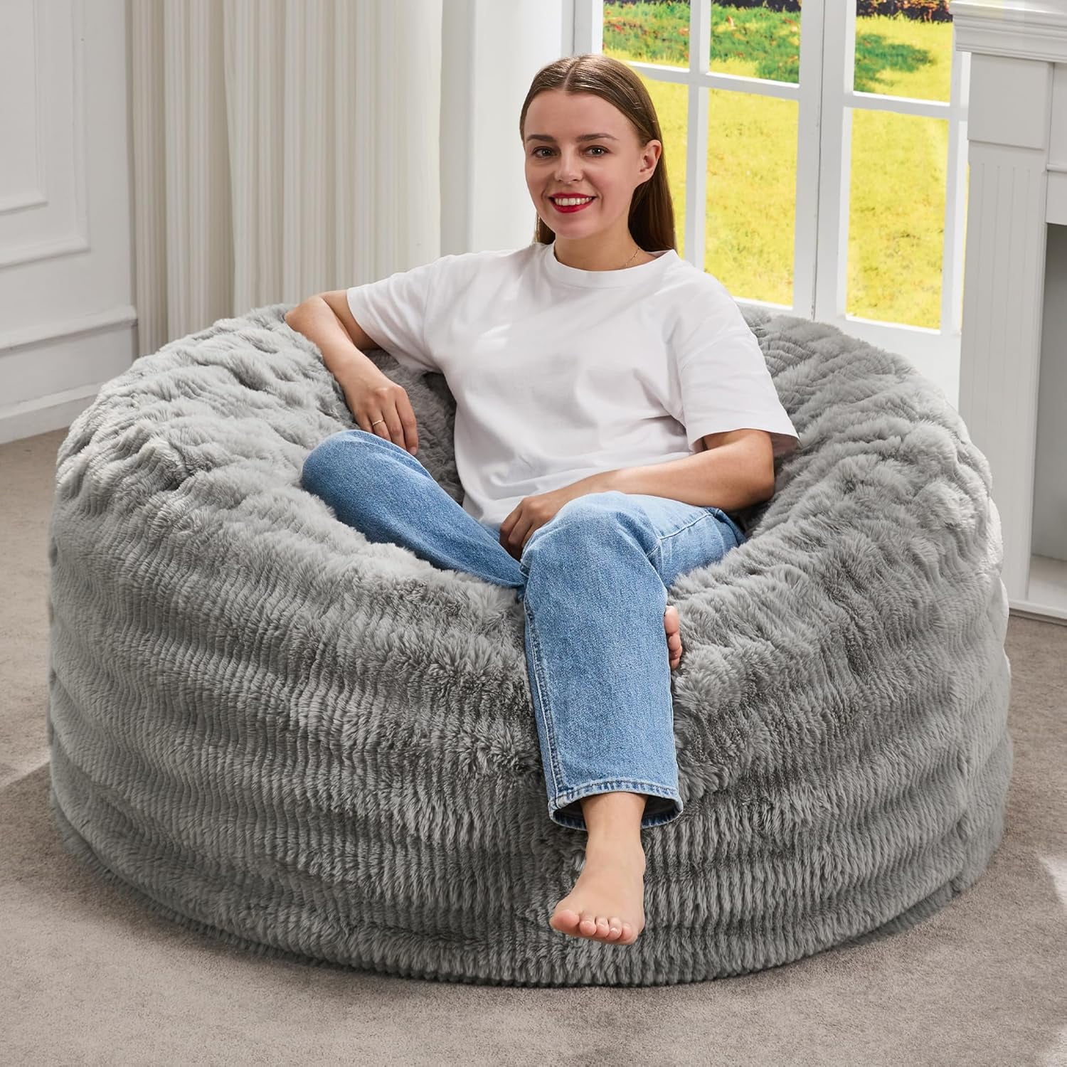 "3FT Grey Bean Bag Chair - 36"x36"x22" with Filler, Fluffy Ripple Cover ...