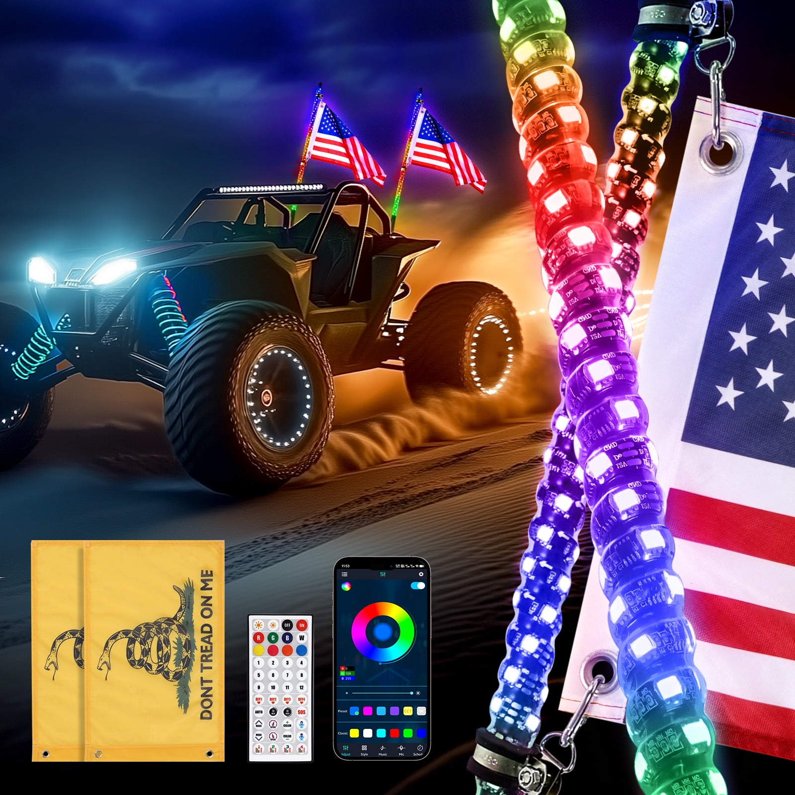 3FT Led Whip Lights, Bluetooth App Control RGB Lighting + US Flag ...
