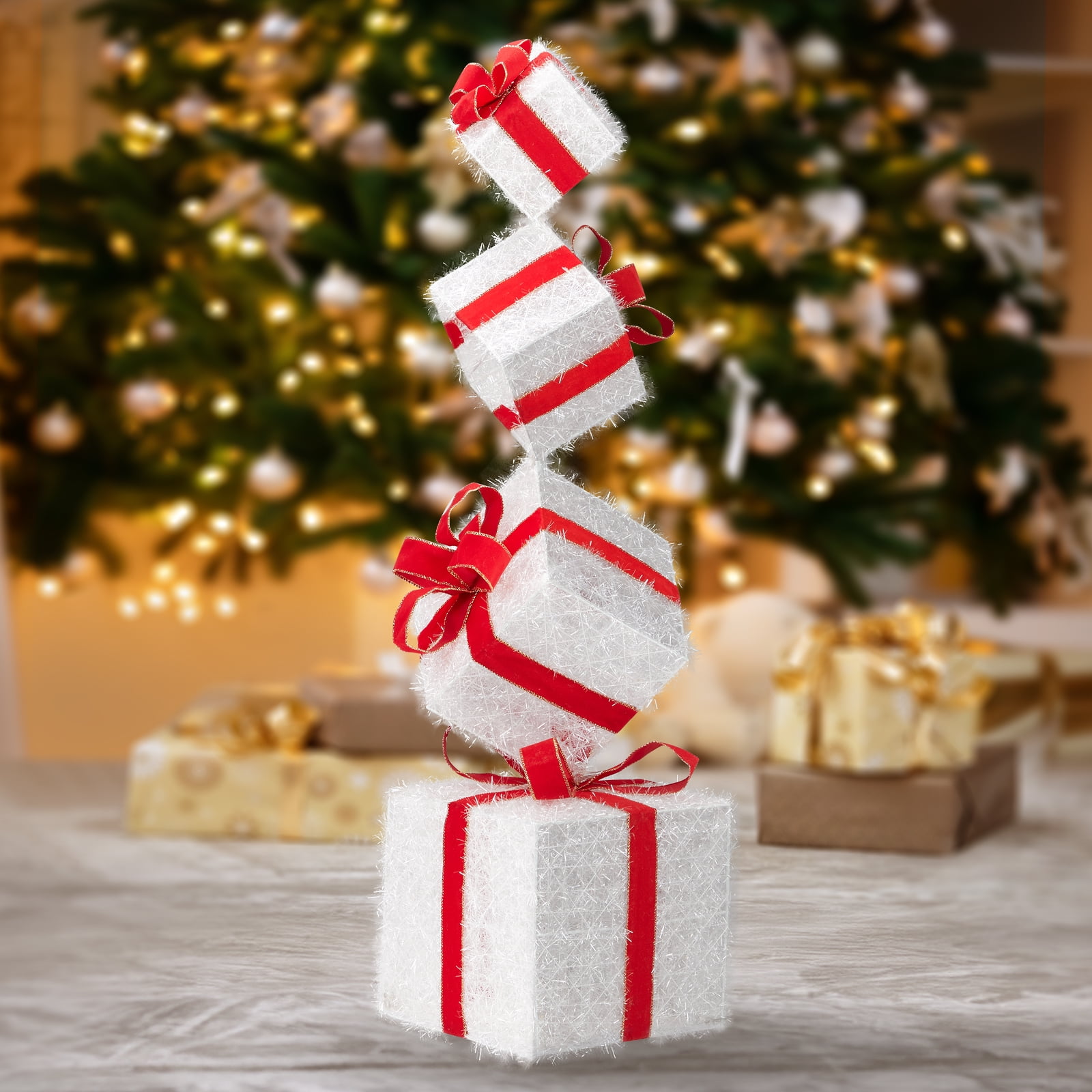 3FT Lighted Gift Box Tower, Pre-lit Stacked Present Boxes Ornament with ...