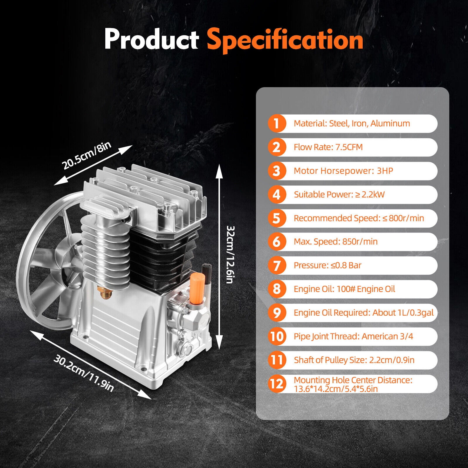 3HP 2200W Twin Cylinder Air Compressor Pump Motor Head Piston Cylinder ...