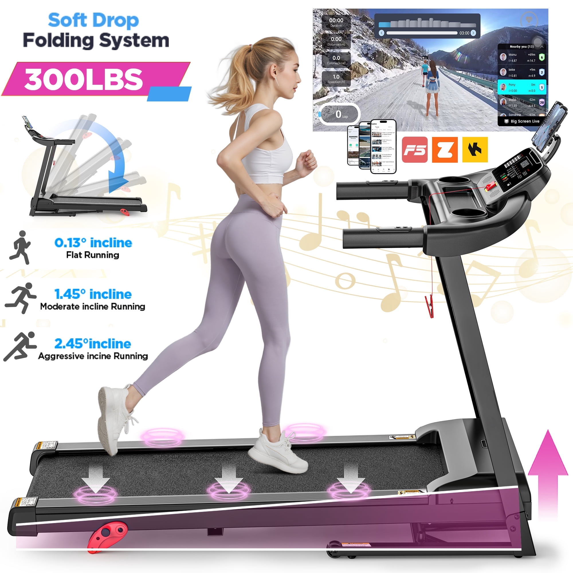 3HP 300lb Capacity Treadmill with 64+3+4 Program, 3 Adjustable Incline ...