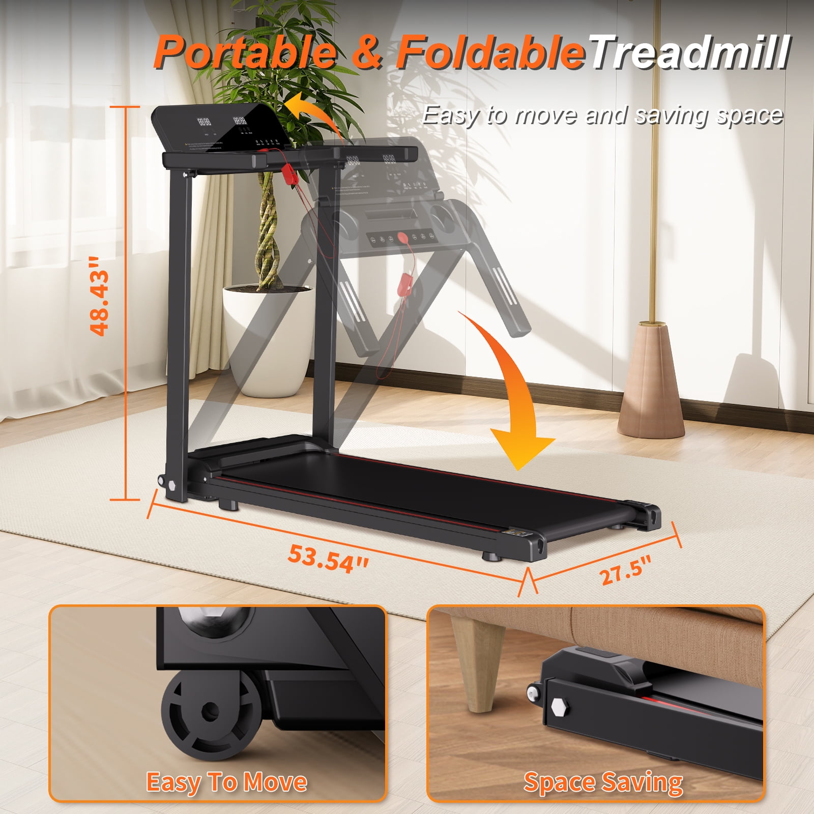 3HP Foldable Treadmill with Handle - Walk Pad Treadmill - Quiet Walking ...