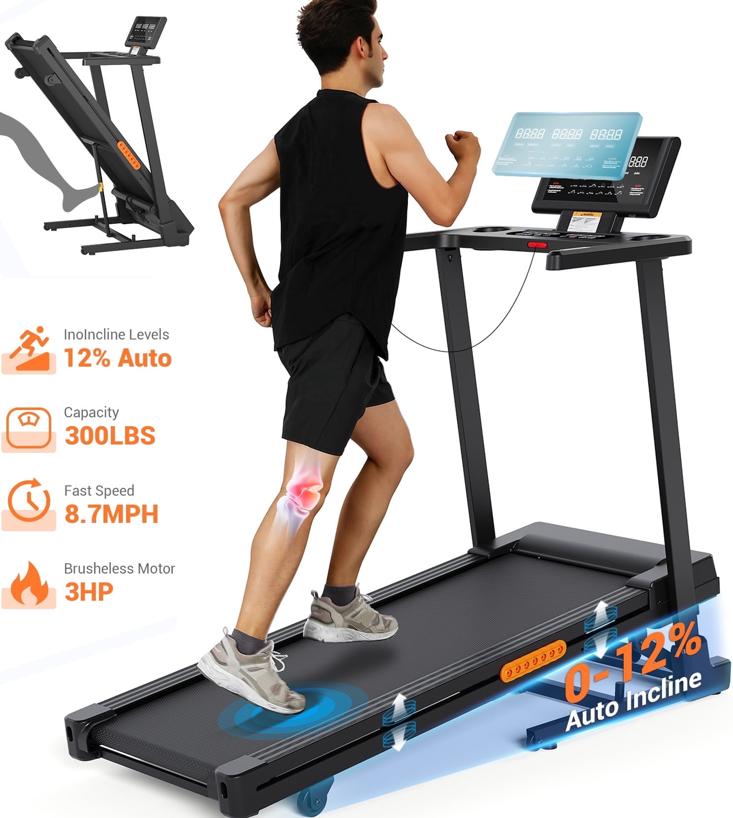 3HP Foldable Treadmill with 12-Level Auto Incline, 8.7MPH Max Speed ...
