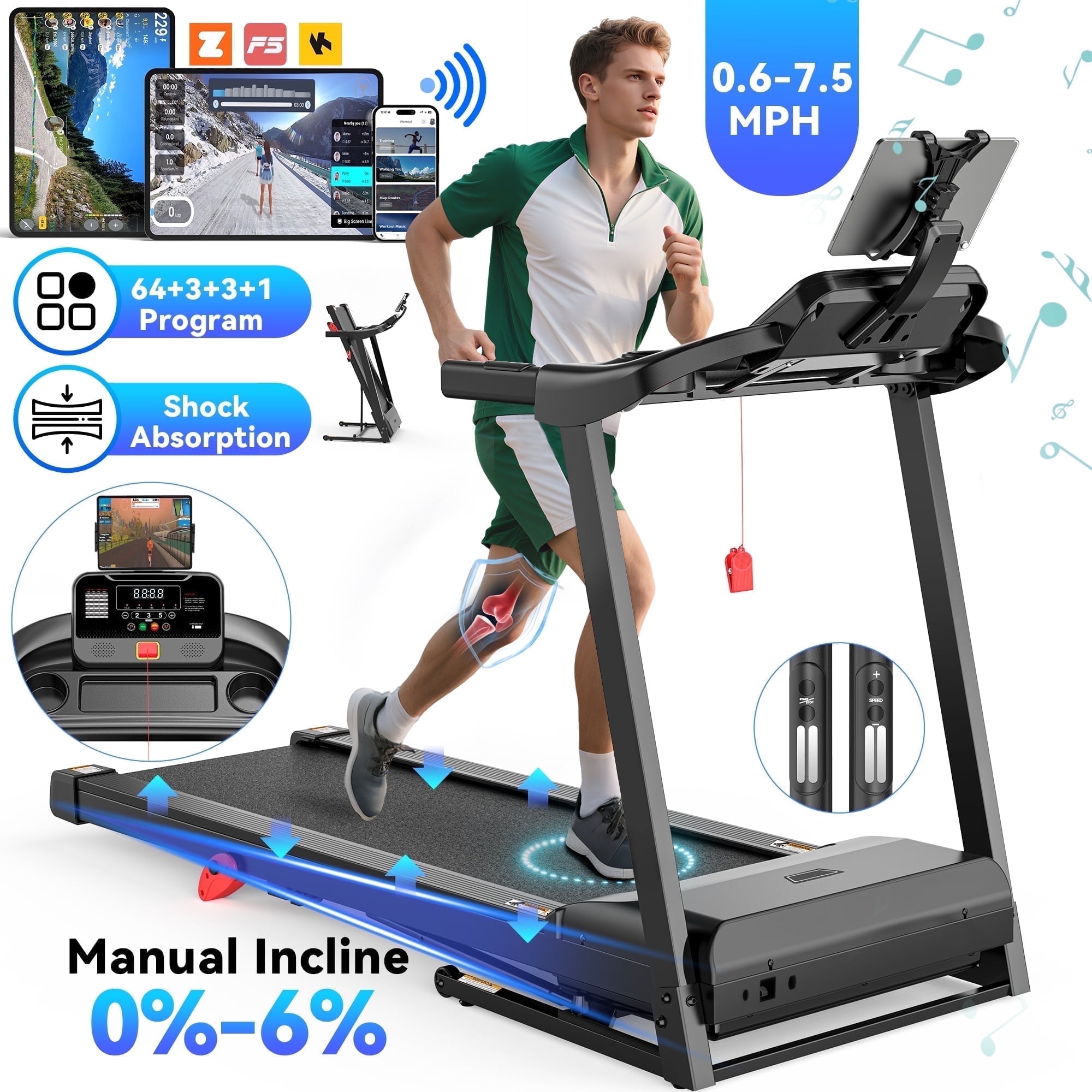3.0HP Treadmill 300lbs Capacity, 6% Incline Folding Treadmill for Home ...