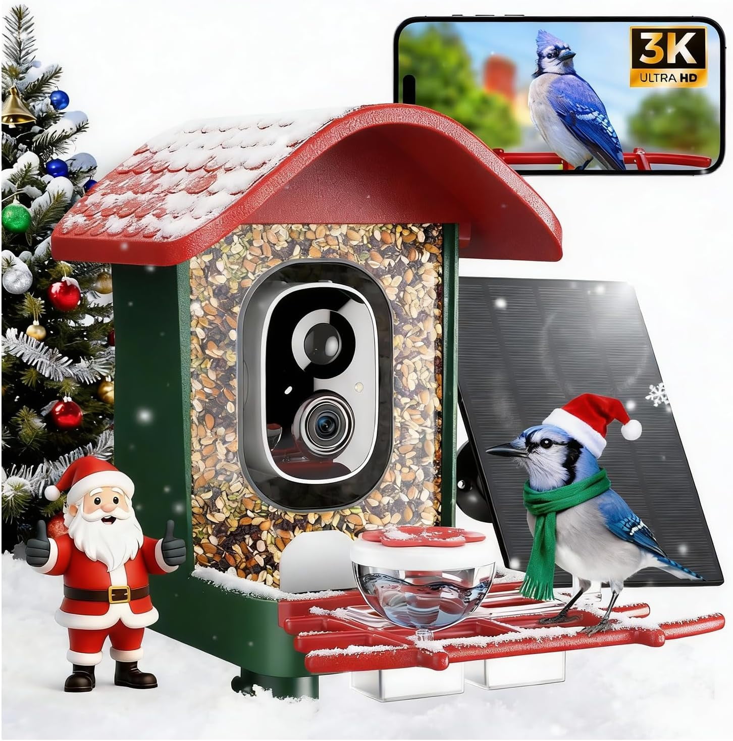 3K HD Smart Bird Feeder with Camera, 2.4GHz WiFi Solar Powered Smart ...