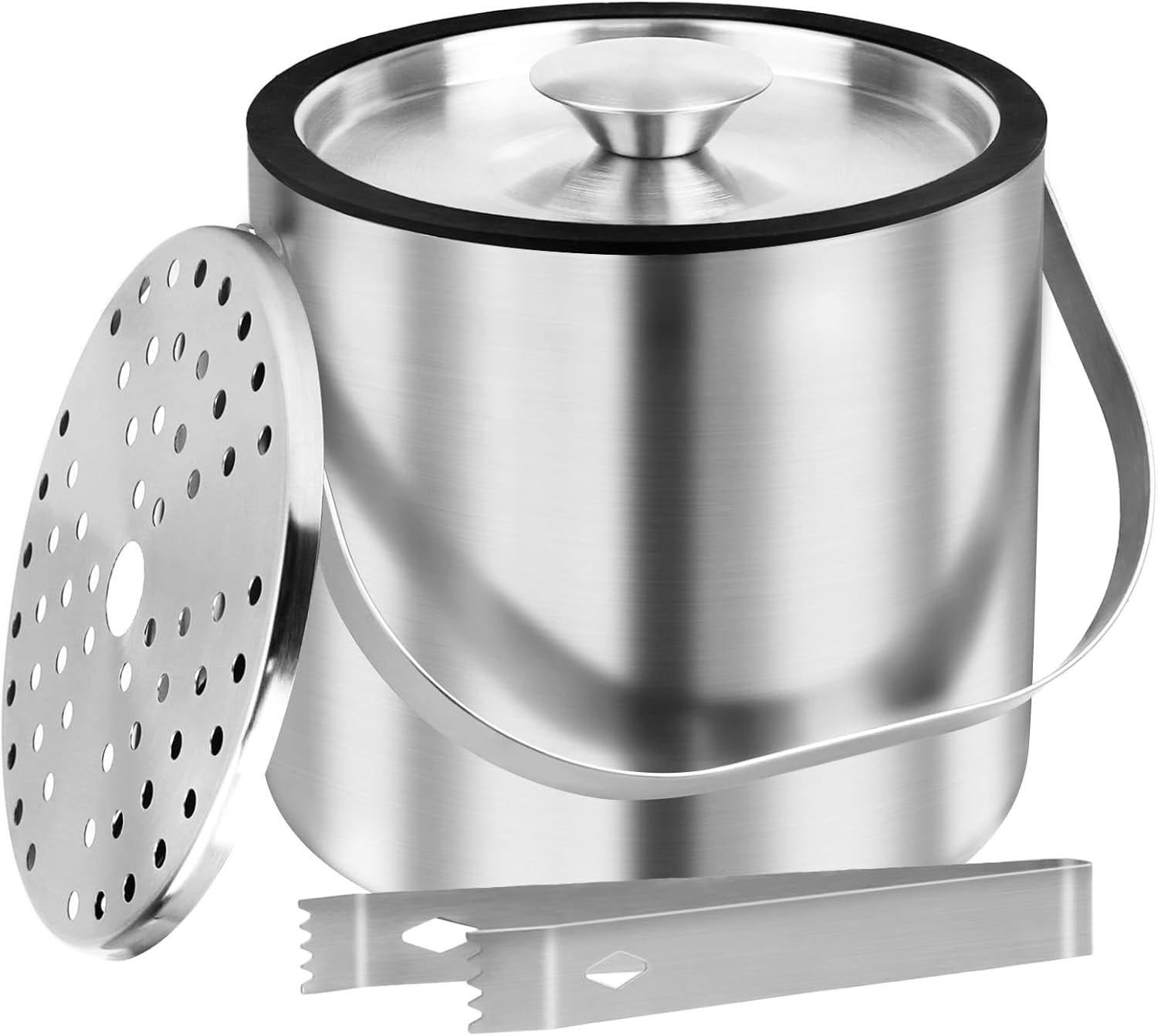 3L Double Wall Ice Bucket with Silicone Lid, Tongs & Strainer ...