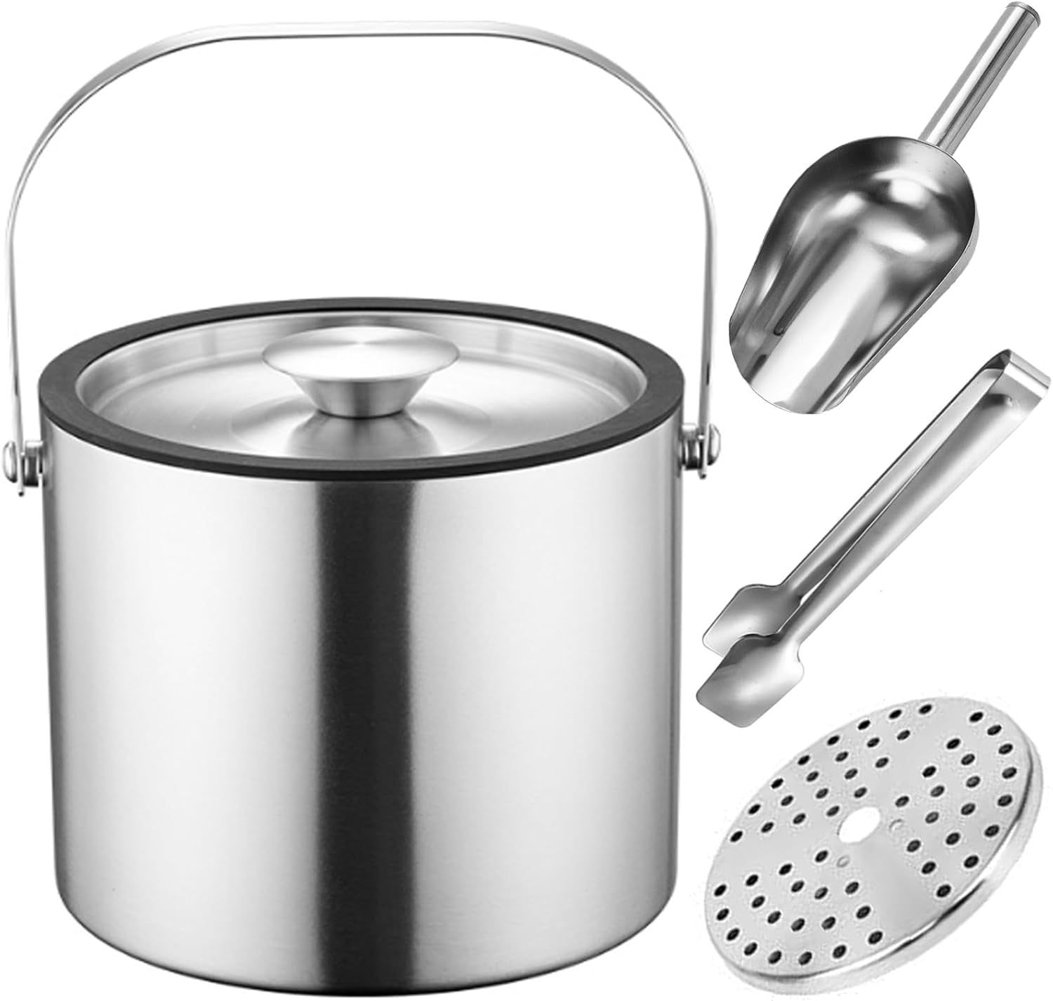 3L Double-Wall Insulated Ice Bucket with Lid, Ice shovel &Tongs and ...