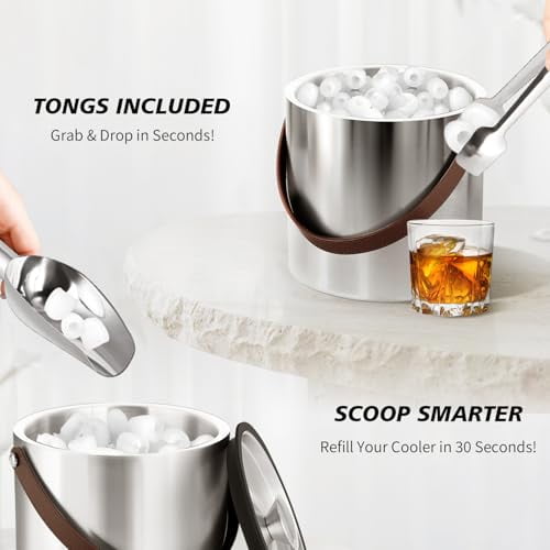 3L Large Ice Bucket with Lid, Scoop, Ice Tong, Strainer & Leather ...