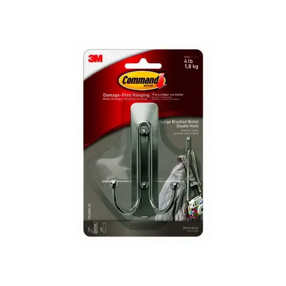 3M 17036BN-ES Command Large Double Hook, 4 Pound, 1-Hook, Metal/Plastic, Gray, Brushed Nickel ...