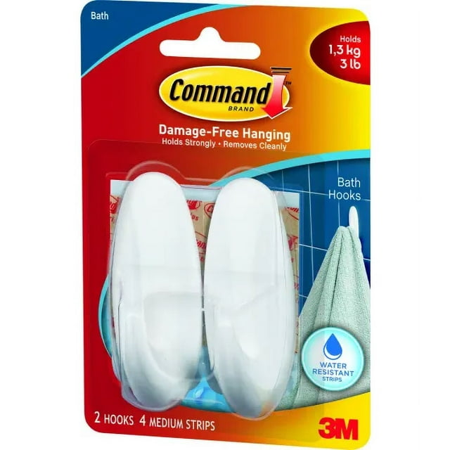 3M 17081B Command Bath Designer Hooks, With Adhesive, Medium, White, 2 Pack, Each - Walmart.com