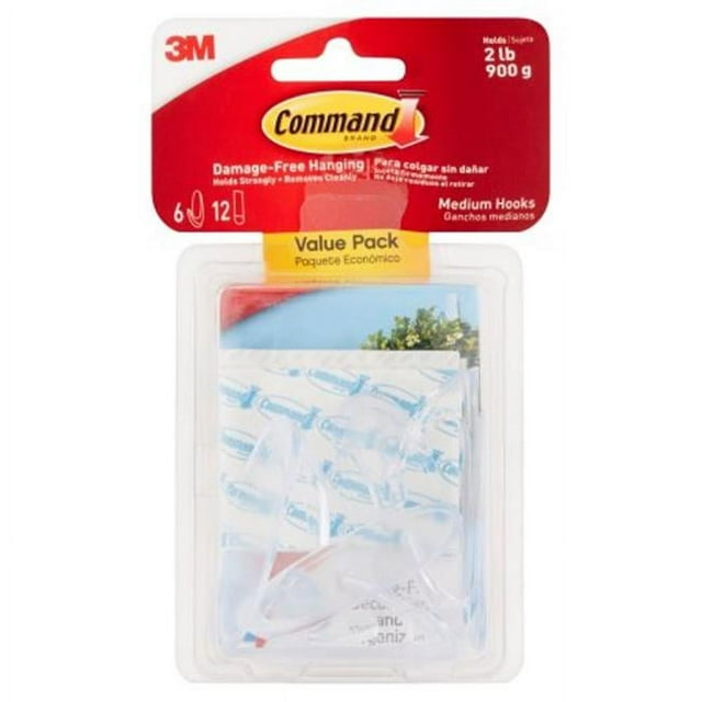 3M 17091CLR6ES Clear Hooks & Strips Plastic, Medium - 6 Hooks & 12 ...