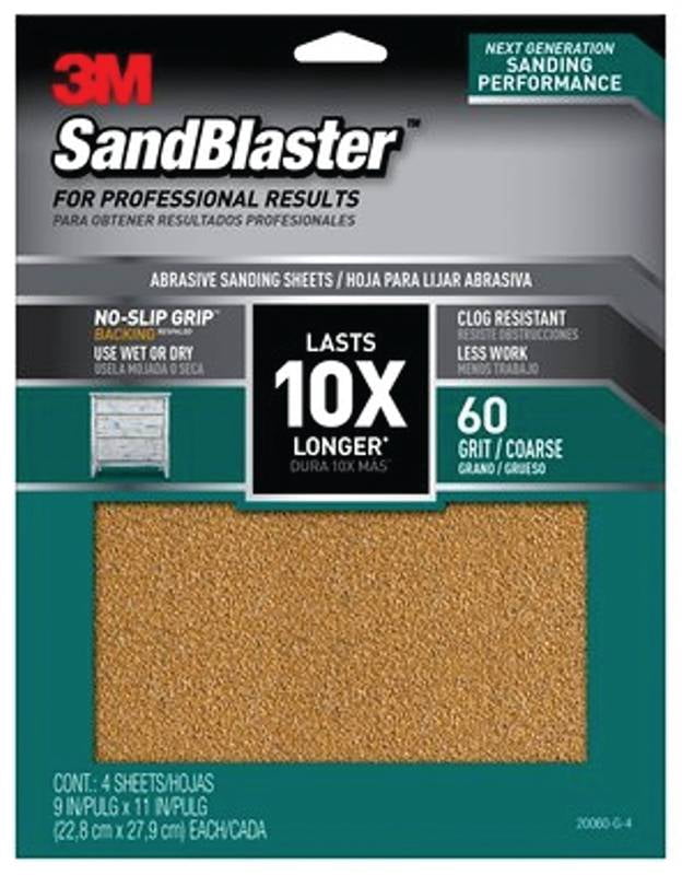 3M SandBlaster Sandpaper Sheet - No Slip Grip, 60 Grit - 11" x 9 ...