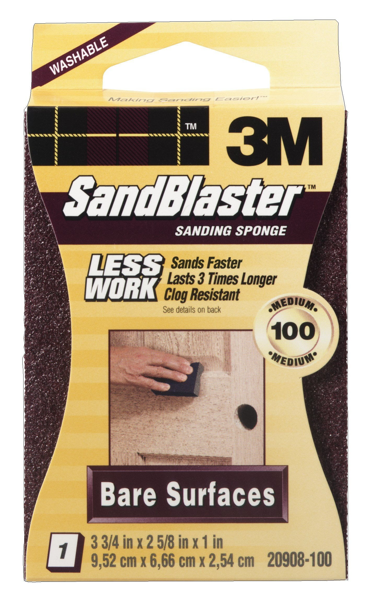 3M 20908-100 100 Grit SandBlaster Bare Surface Sanding Sponge Block ...