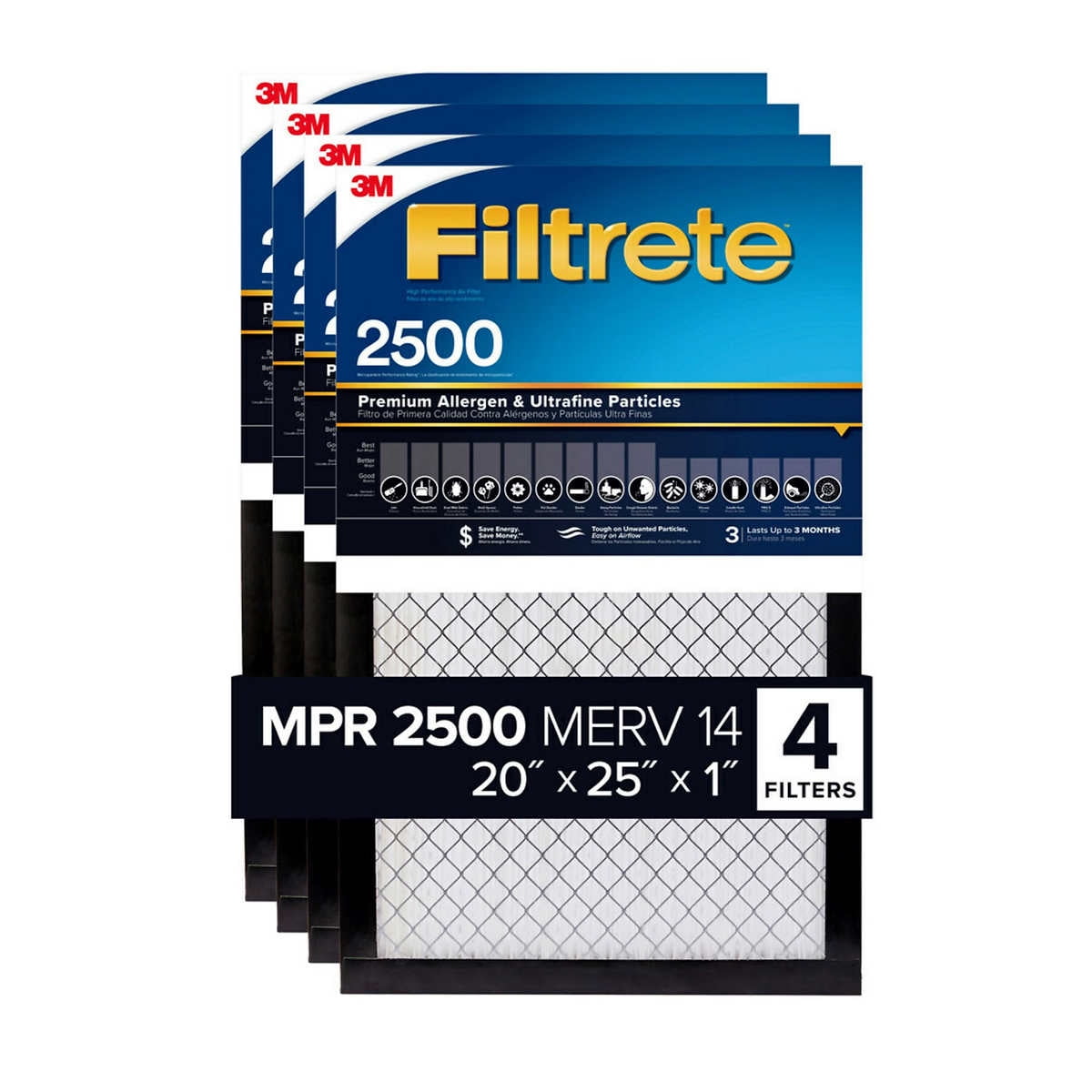 "3M Air Furnace 2500 Series Filtrete Filter 1"", MPR 2500 MERV 14, 4 ...
