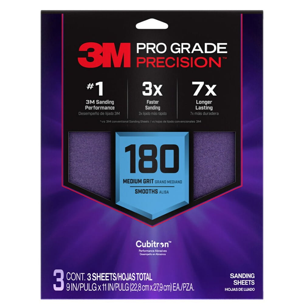 3M 25180P-G Pro Grade Advanced Sandpaper, 9" x 11", 180 Grit - Walmart.com