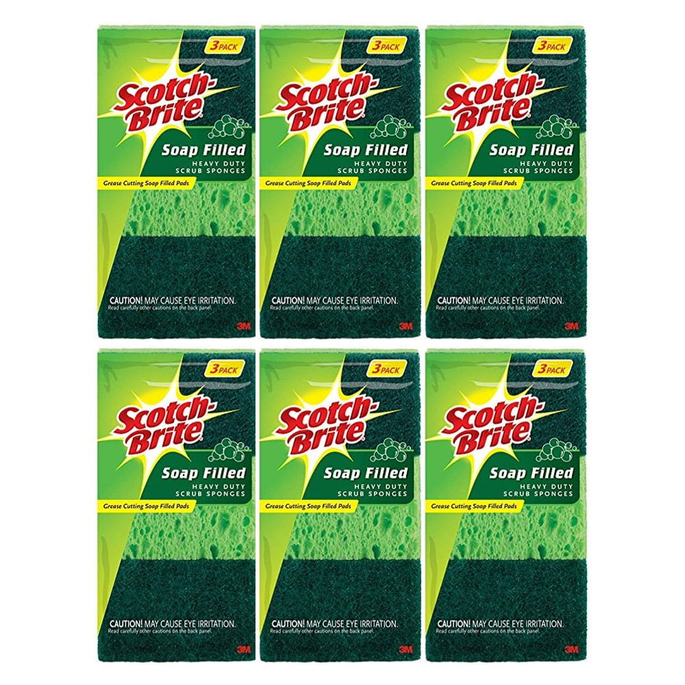 3M Scotch-Brite Soap Filled Pads Scrub Sponges Heavy Duty Clean Green 3 ...