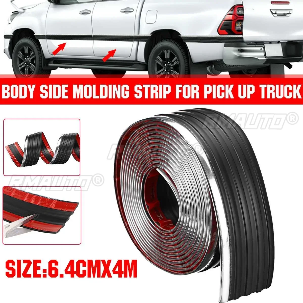 3M/4M x 6.4cm Universal Car Body Side Trim Molding Strip Exterior Roll ...