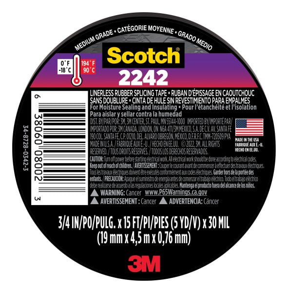Scotch® 2242 Rubber Splicing Electrical Tape, 3/4 in x 15 ft x 0.030 in ...