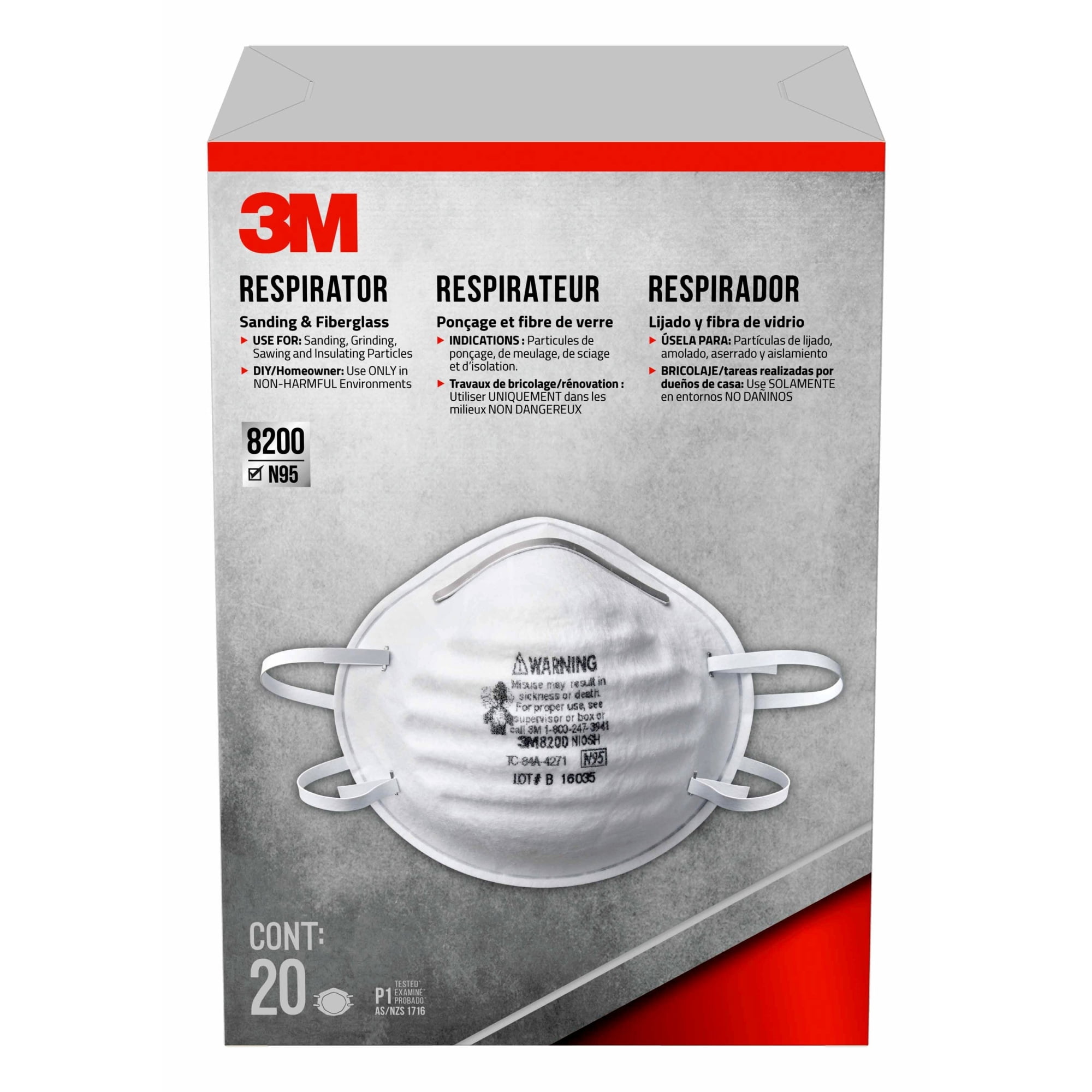 3M™ 8200 N95 Sanding and Fiberglass Respirator, White, 8200H20-DC, Pack of 20 - Walmart.com