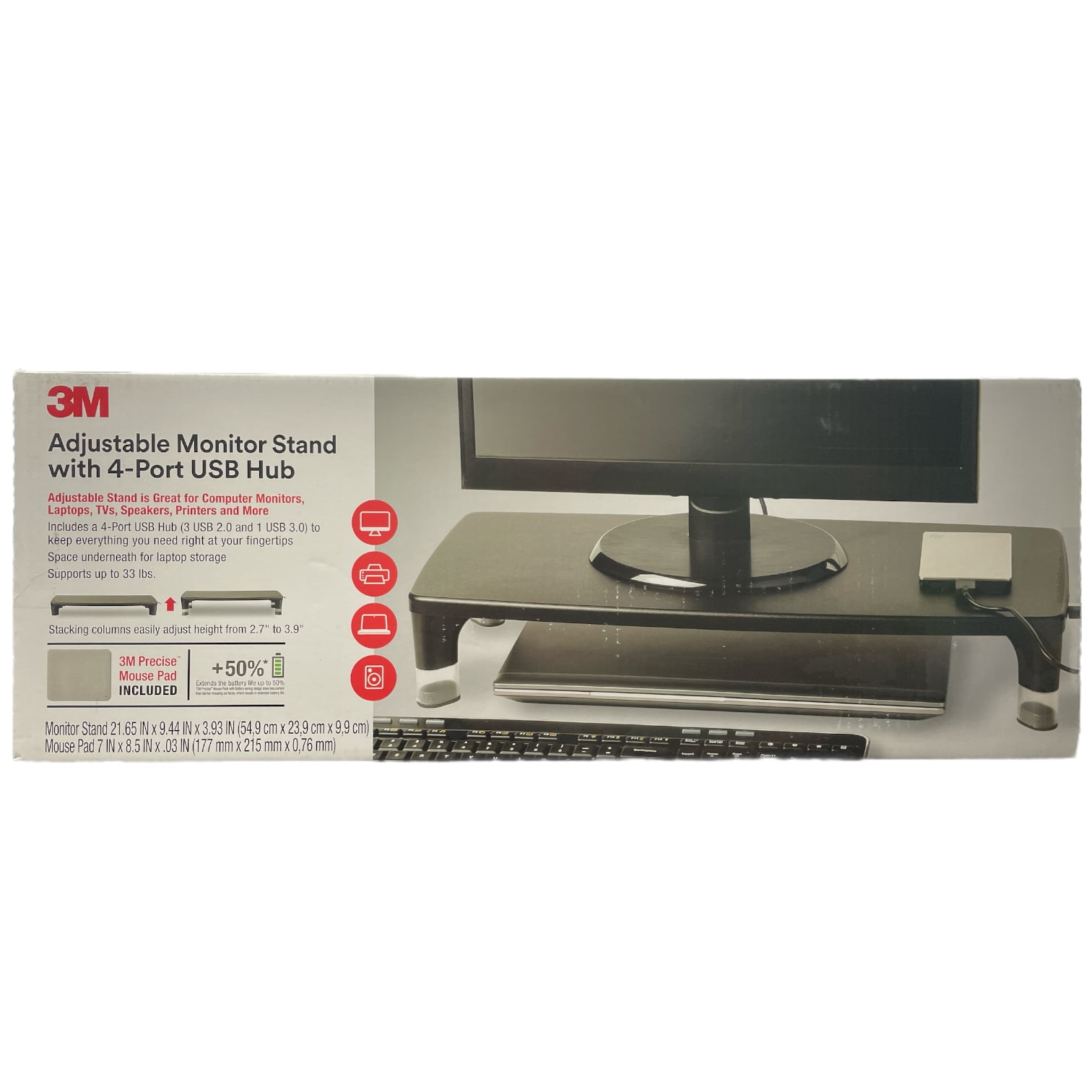 3M Adjustable Monitor Stand, 4-Port, 21.6"x9.4", Black - Walmart.com