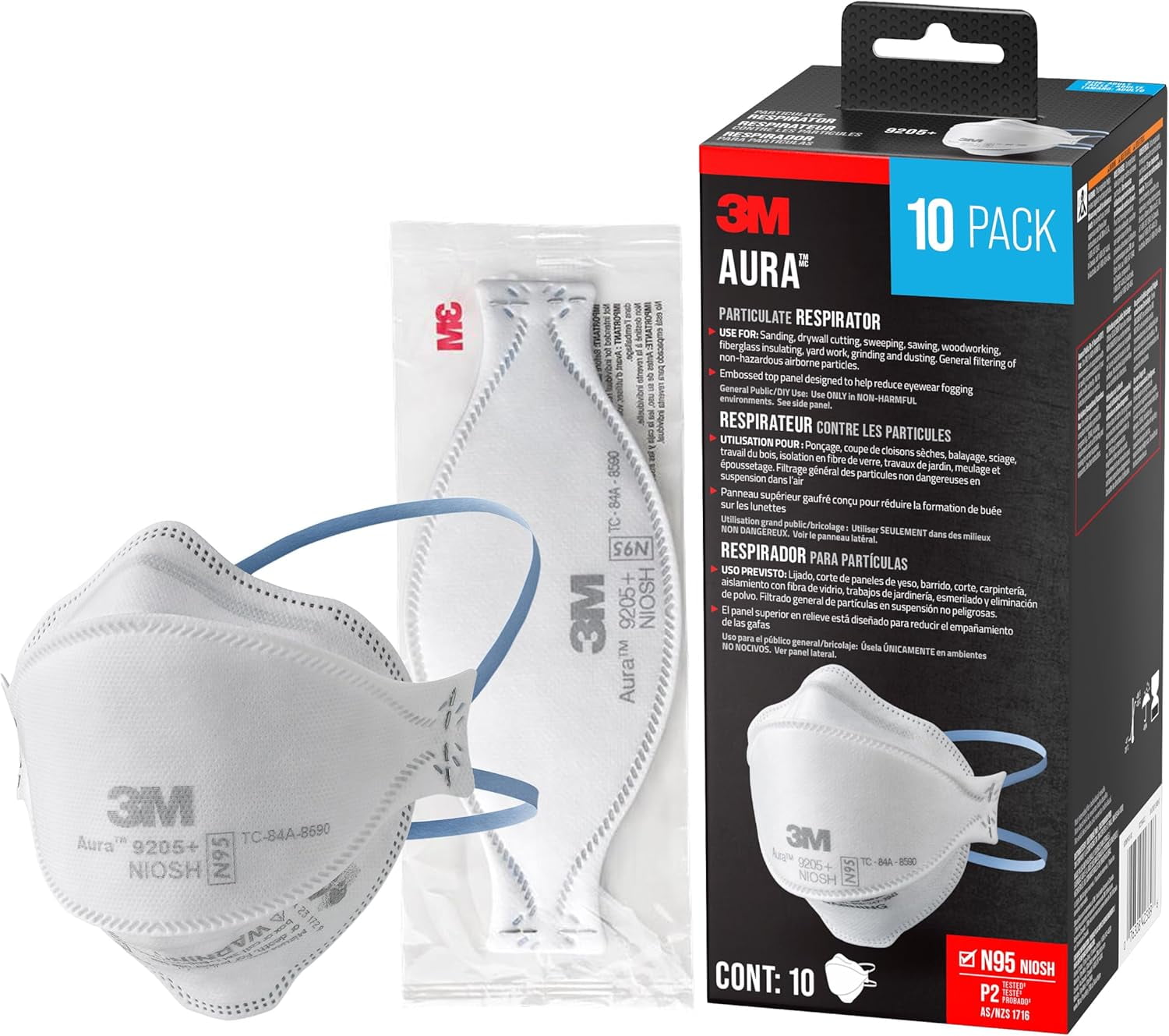 3M Aura Particulate Respirator 9205+ N95, Lightweight, Three Panel Designed Respirator Helps ...