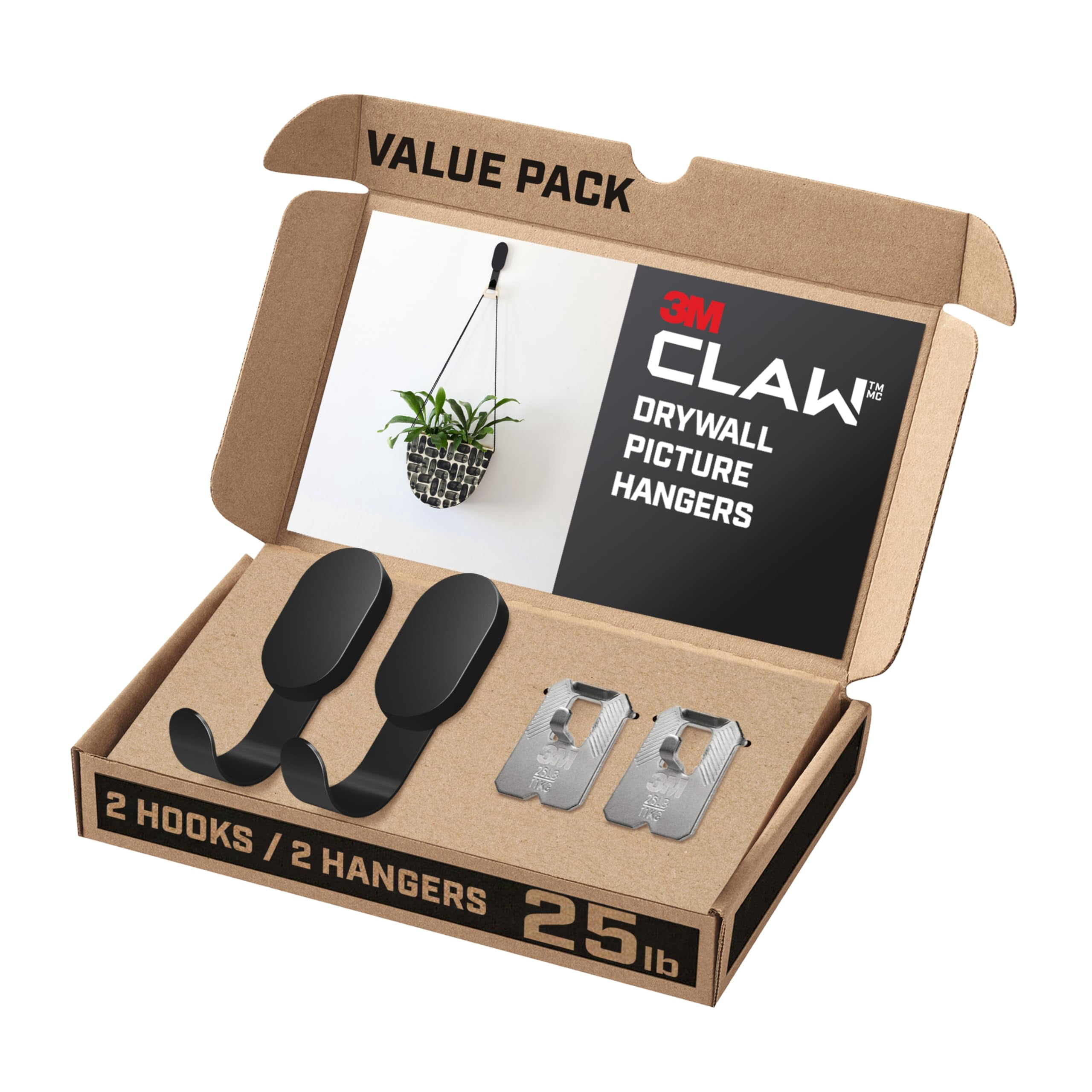 3M CLAW 25 lb. 2 Drywall Black Hooks & 2 Extra Picture Hangers ...