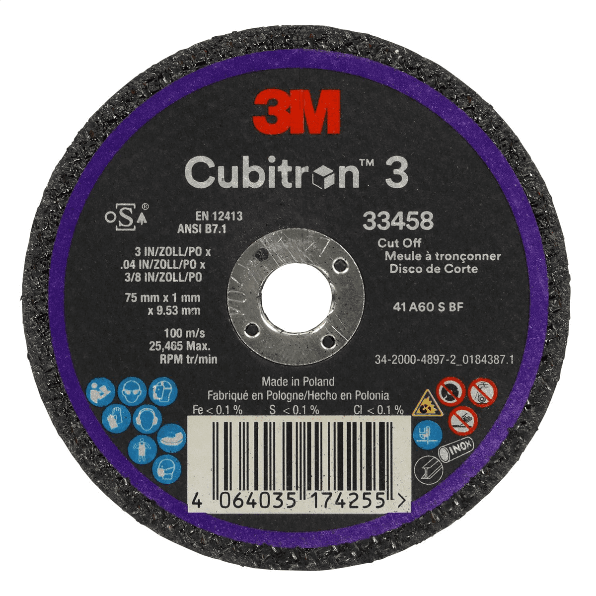 3M Cubitron 3 Cut-Off Wheel 33458, 75 mm x 1 mm x 9.53 mm, 5 EA/PK, 6 ...