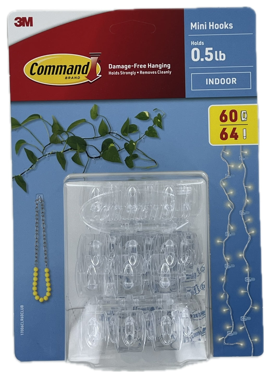 3M Command Clear Indoor Mini Hooks, 60 Hooks & 64 Strips - Walmart.com