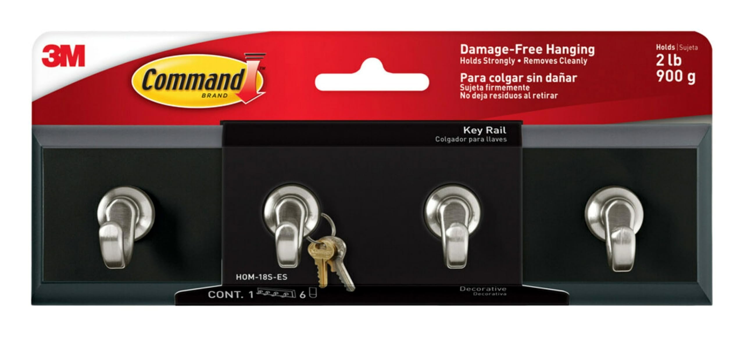 3M Command HOM18SES Decorative Key Rail, 8w x 1 1/2d x 2 1/8h, Black ...