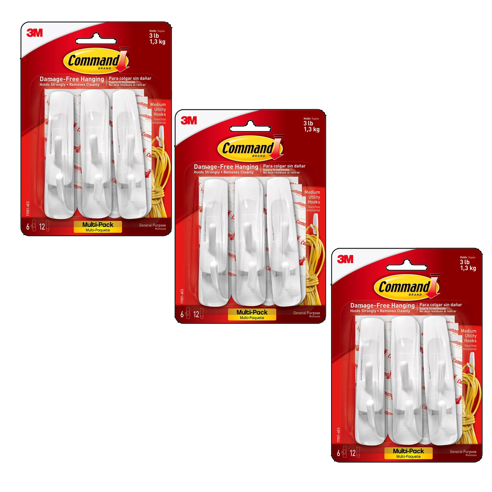 3M Command Medium Utility Hooks Multi-Pack, 6 Per Pack, 3 Packs - Walmart.com