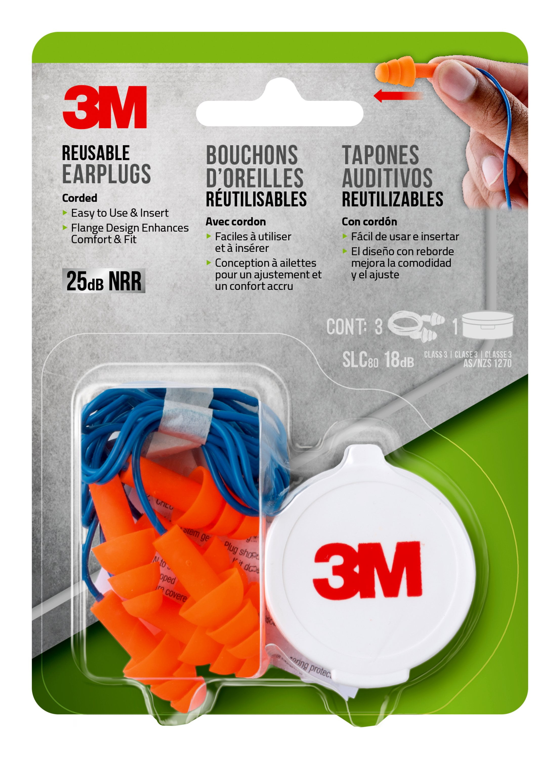 3M Corded Reusable Earplugs 90716G3DC 3 Pairs with Case - Walmart.com