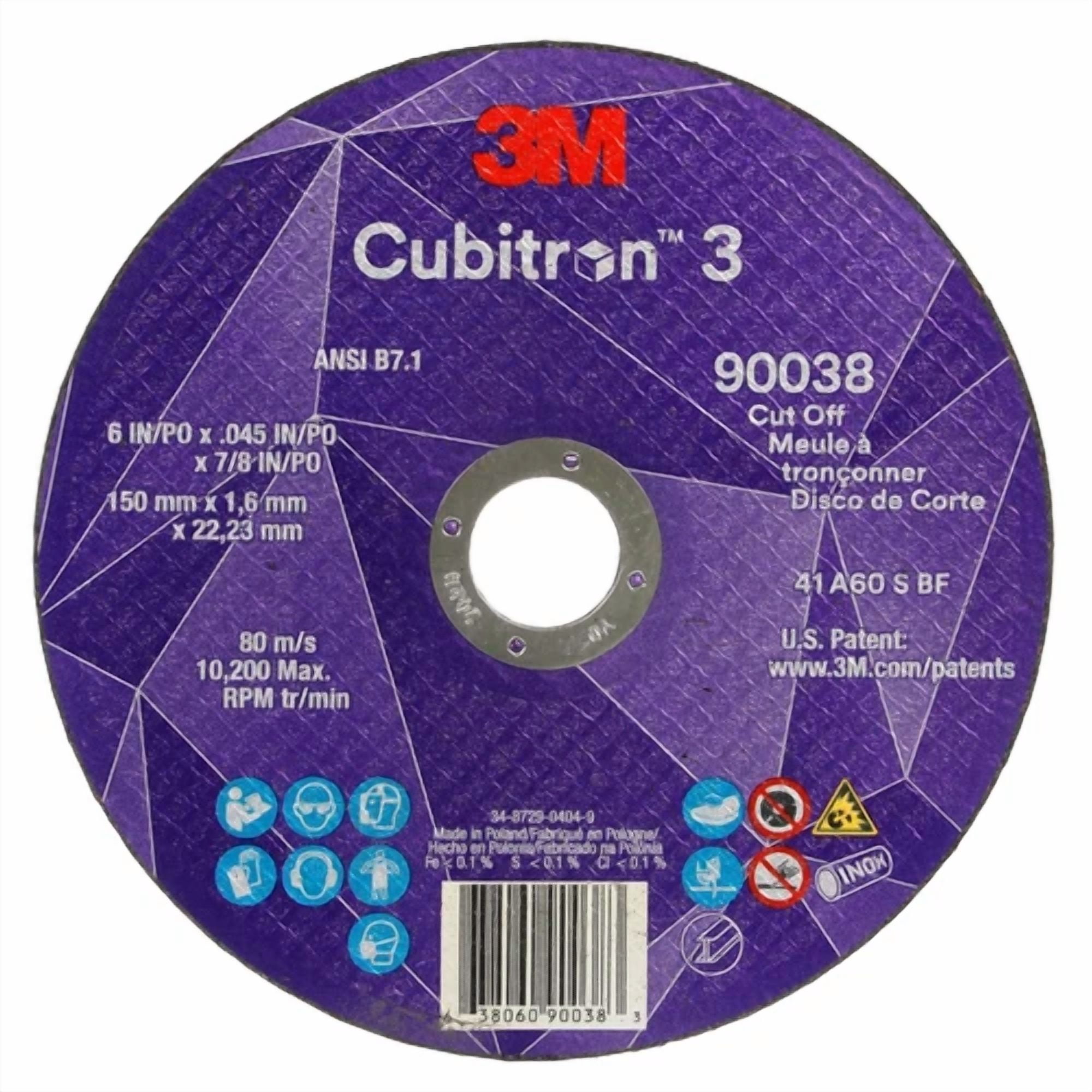 3M Cubitron 3 Cut-Off Wheel, 90038, 60+, T1, 6 In X 0.045 In X 7/8 In ...