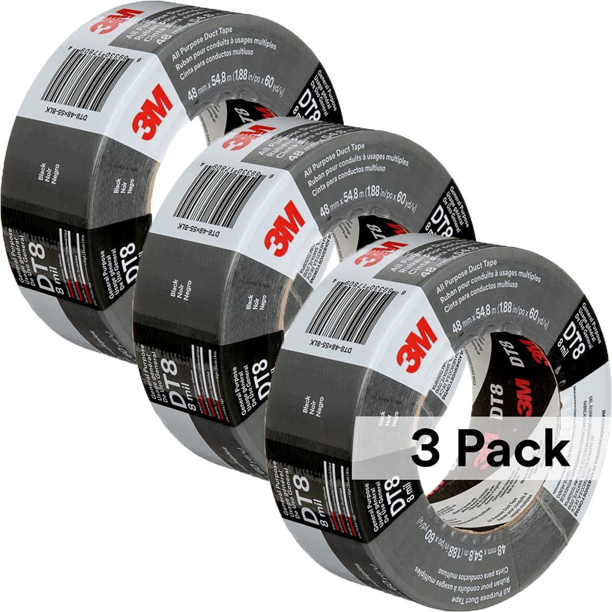 3M Duct Tape DT8, 3 Pack, Industrial Strength, Multi-Use, Black, 1.88" x 60 yd, Professional ...