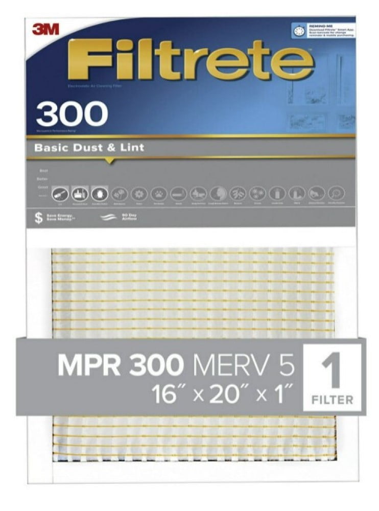 3M Filtrete Basic Dust & Lint Air Filter 300 MPR MERV 5, 16" x 20" x 1 ...