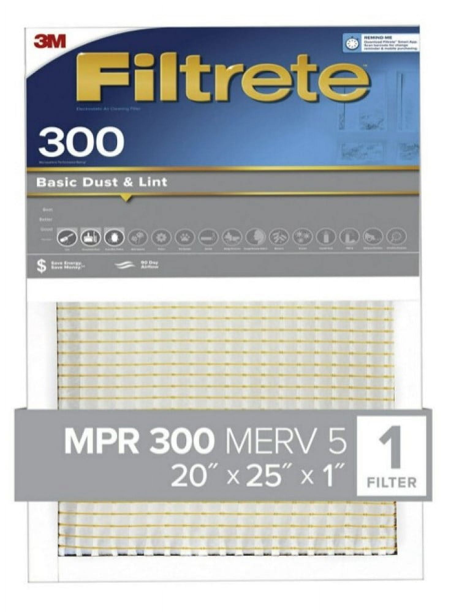 3M Filtrete Basic Dust & Lint Air Filter 300MPR MERV5, 20" x 25" x 1 ...