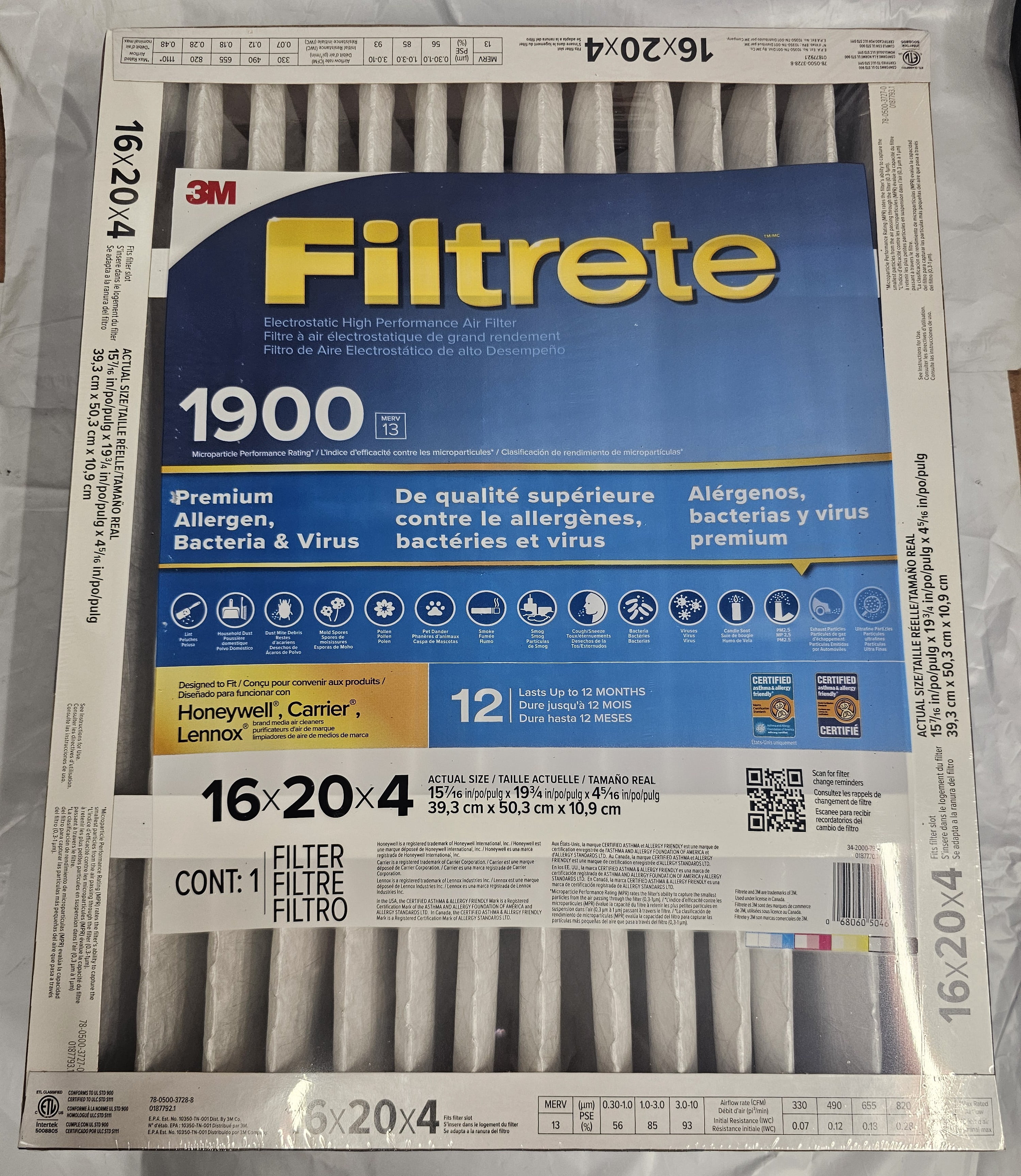 3M Filtrete MPR 1900 4-inch Allergen, Bacteria and Virus Filters - 16 X ...