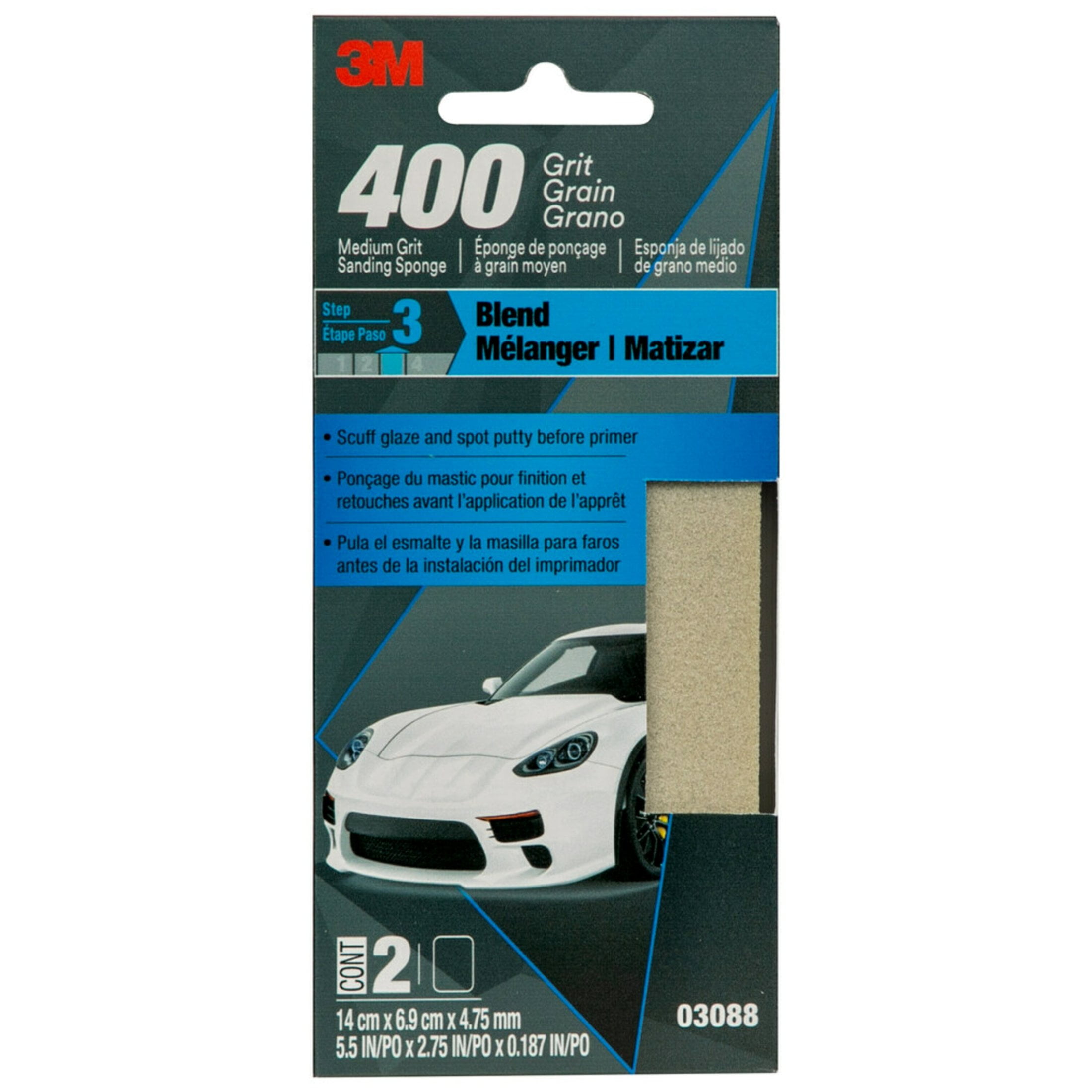 3M Flexible Performance Fine Sanding Sponge 400 Grit, 5.5 in x 2.75 in ...