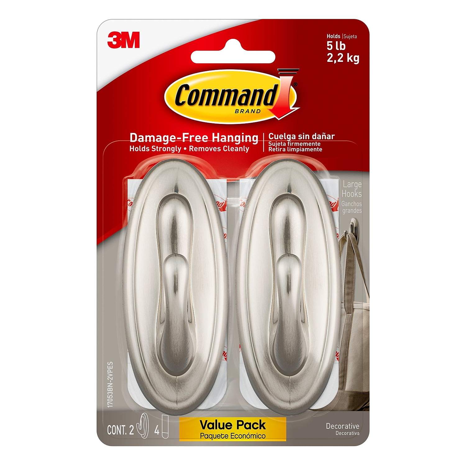 3M Command Removable Self Stick Large Hooks, Brushed Nickel, 2 Pack ...