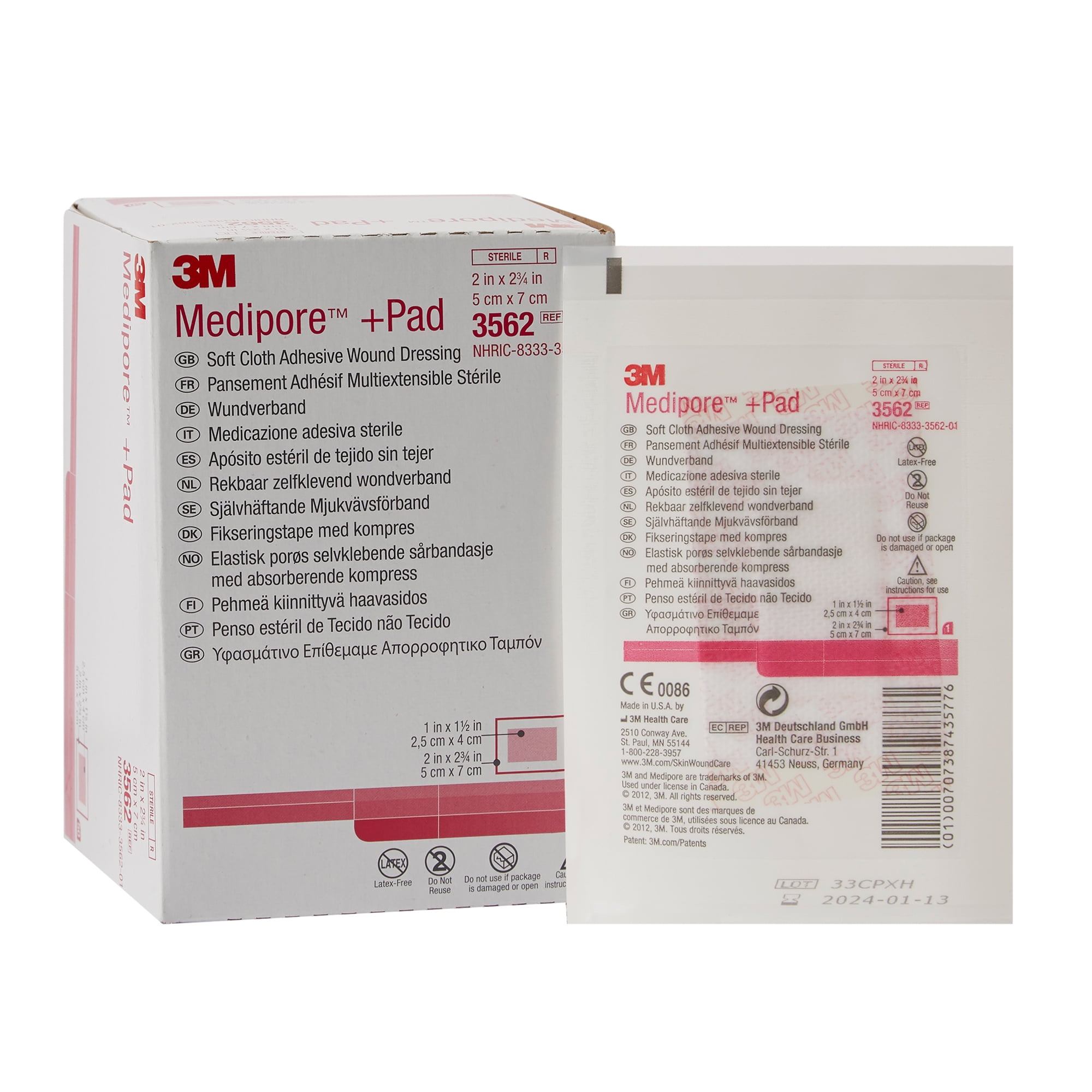 3M Medipore Pad Soft Cloth Adhesive Wound Dressing, Sterile, White, 2 ...
