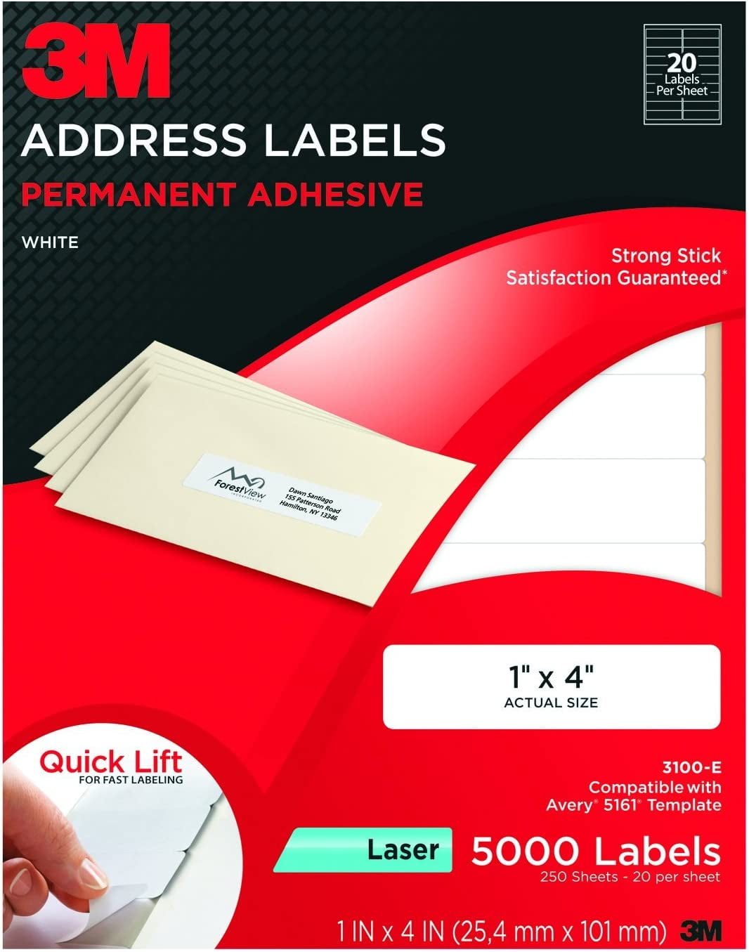 3M Permanent Adhesive Address Labels, 1 X 4 Inches, White, 5000 Per ...