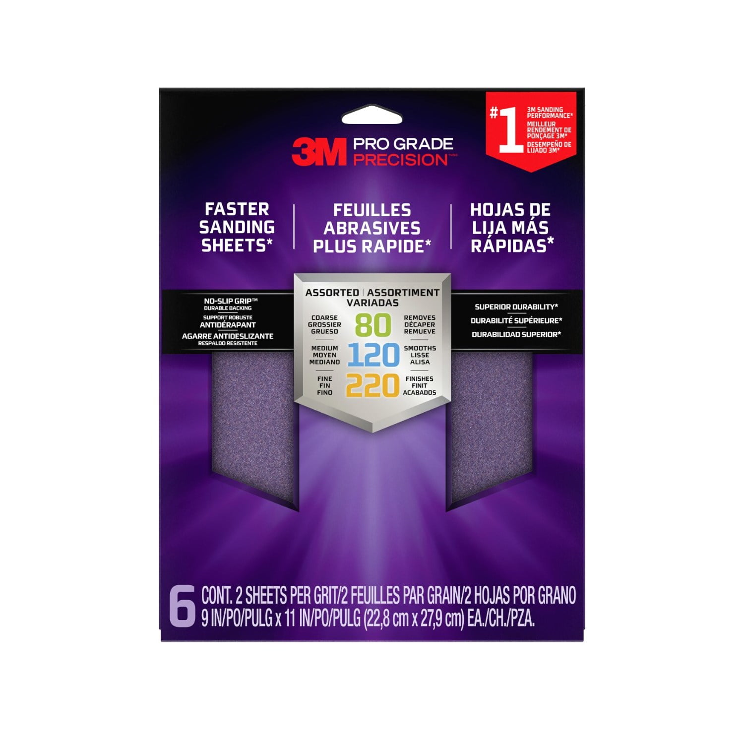 3M Pro Grade Precision Sandpaper, No-Slip Grip Backing, 9 in x 11 in ...