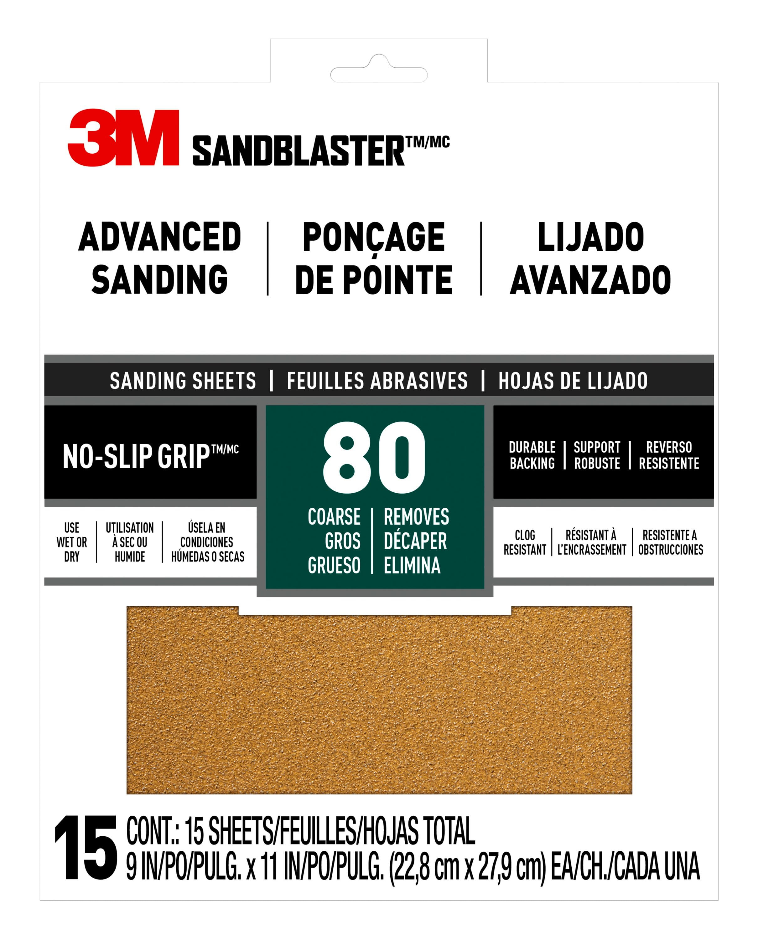 3M Sandblaster No-Slip Grip Sandpaper, 9 in x 11 in, 80 Grit, 15 Pack ...