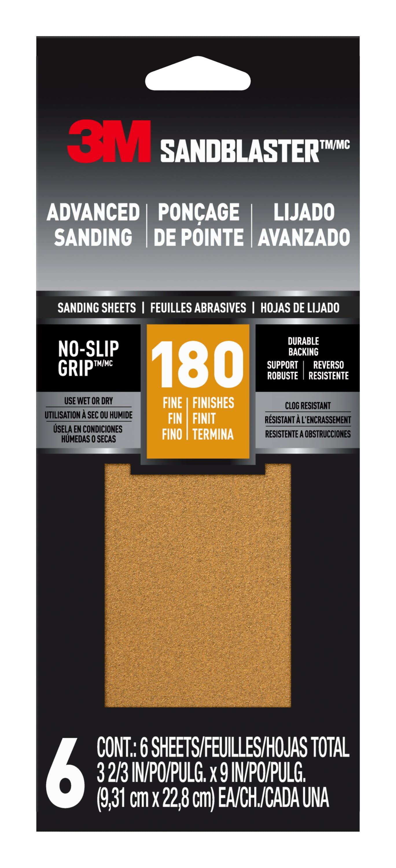 3M Sandblaster No-Slip Grip Sandpaper, Gold, 3-2/3 in x 9 in, 180 Grit ...