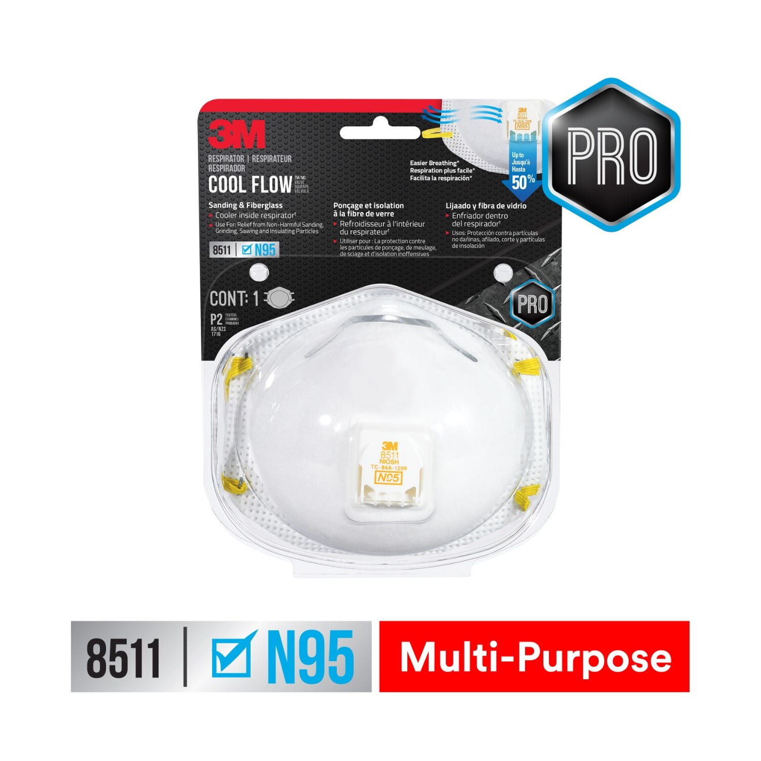 3M Respirator, N95 8511, Cool Flow Valve, Sanding, Fiberglass, White, 1 ...