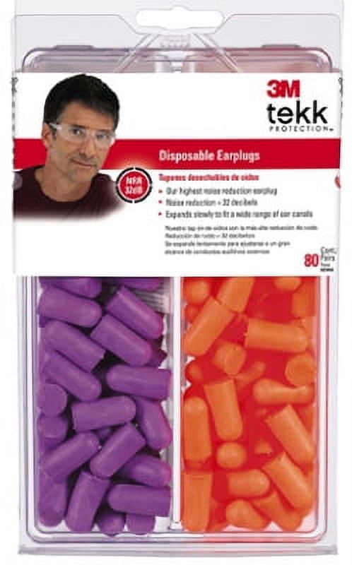 3M Tekk Protection 80 Pair NRR 32DB Orange & Purple Disposable Earplug ...